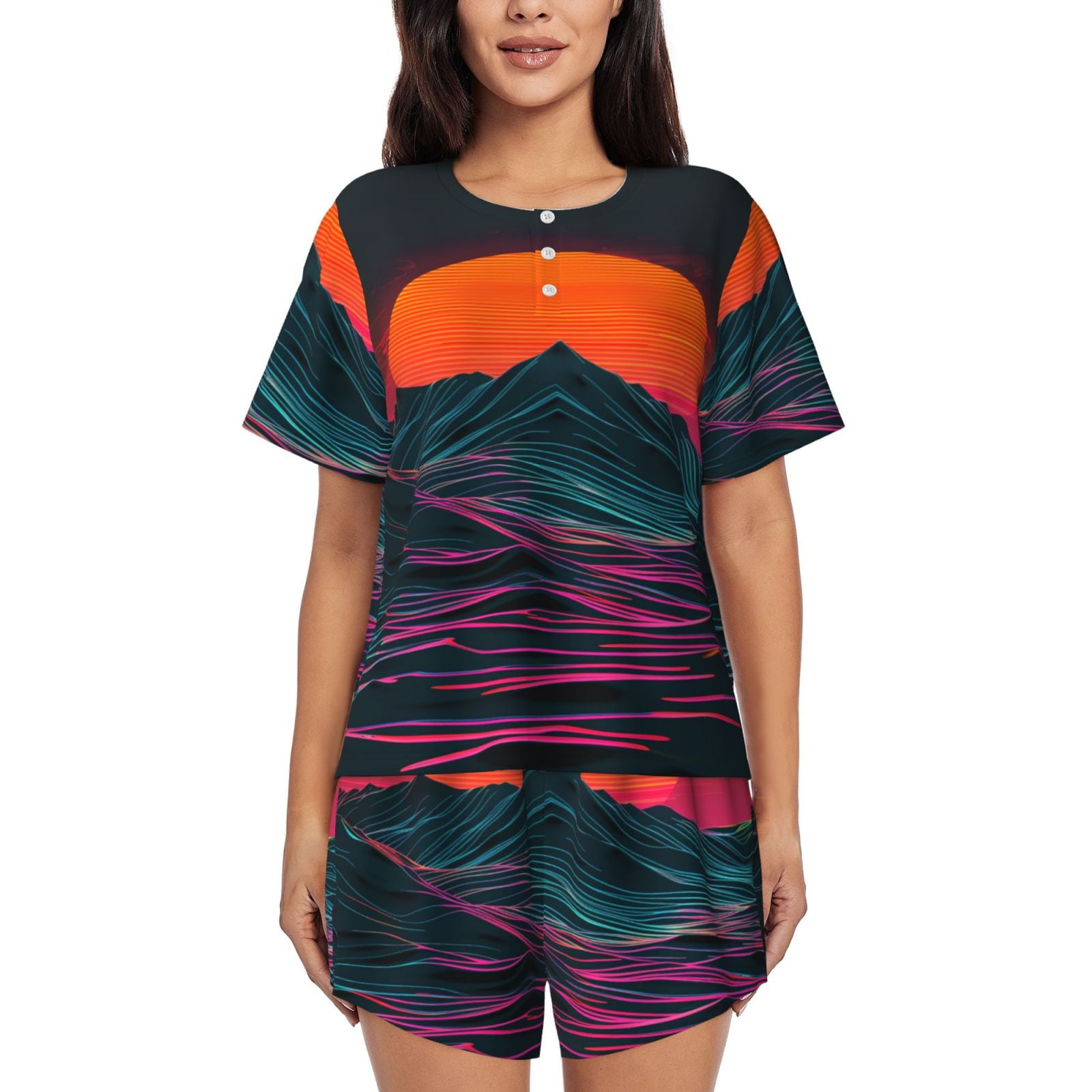 Cyber Neon Mountains (4) Womens Pajamas Short Set Soft Short Sleeve ...