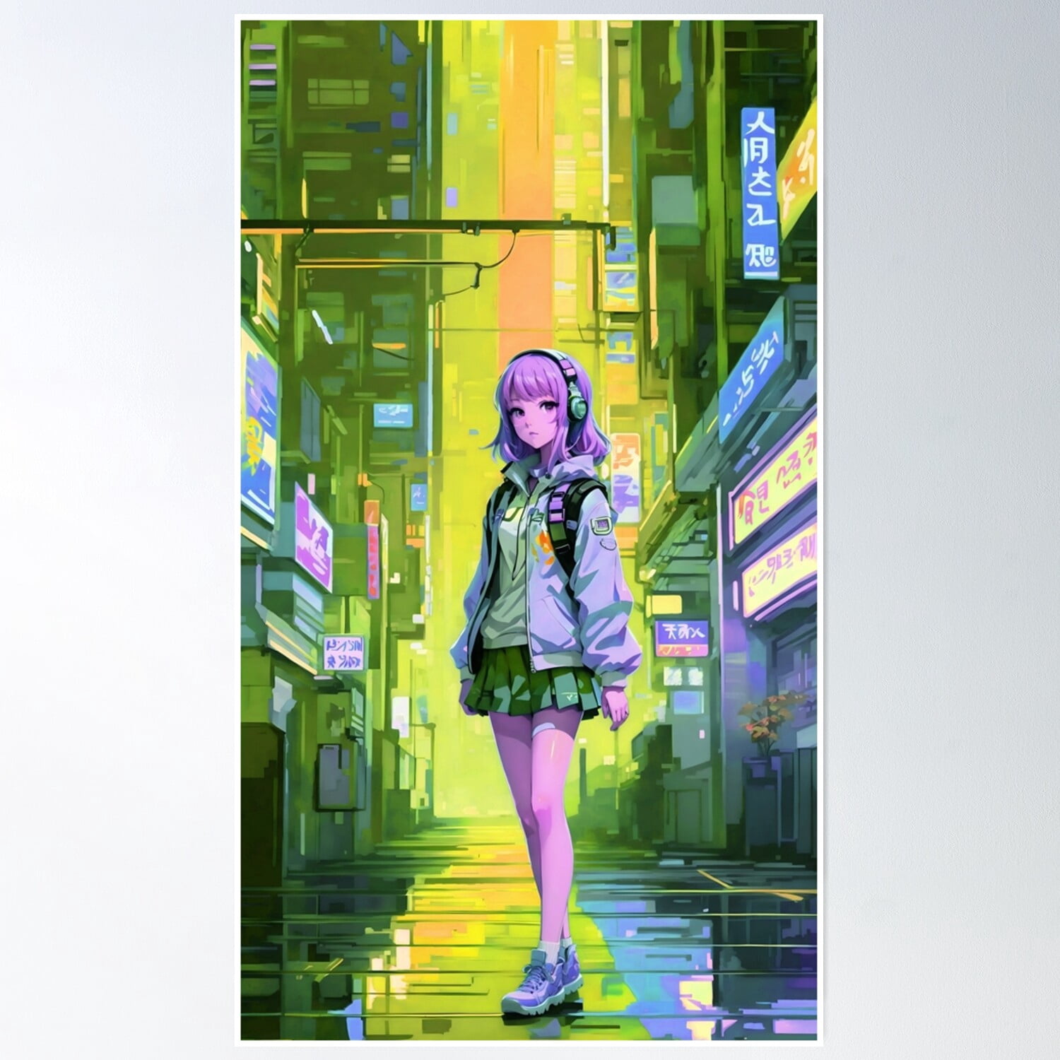 Cyber Preppy Kawaii Anime School Girl Headphone Poster Wall Art, Modern ...