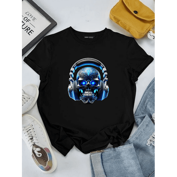Cyber Skulls With Headphones Techno Party Music Skeleton Style Art ...