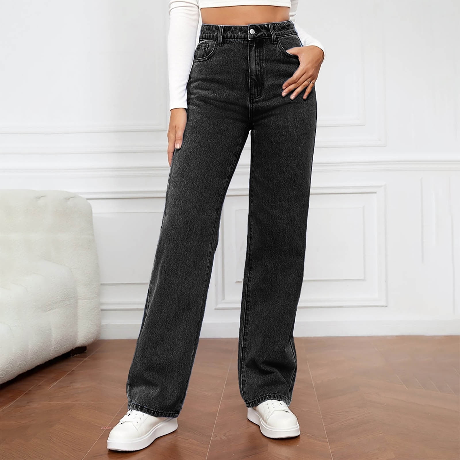 pstuiky Womens Straight Leg Jeans High Waisted Stretchy Jeans Buttoned ...