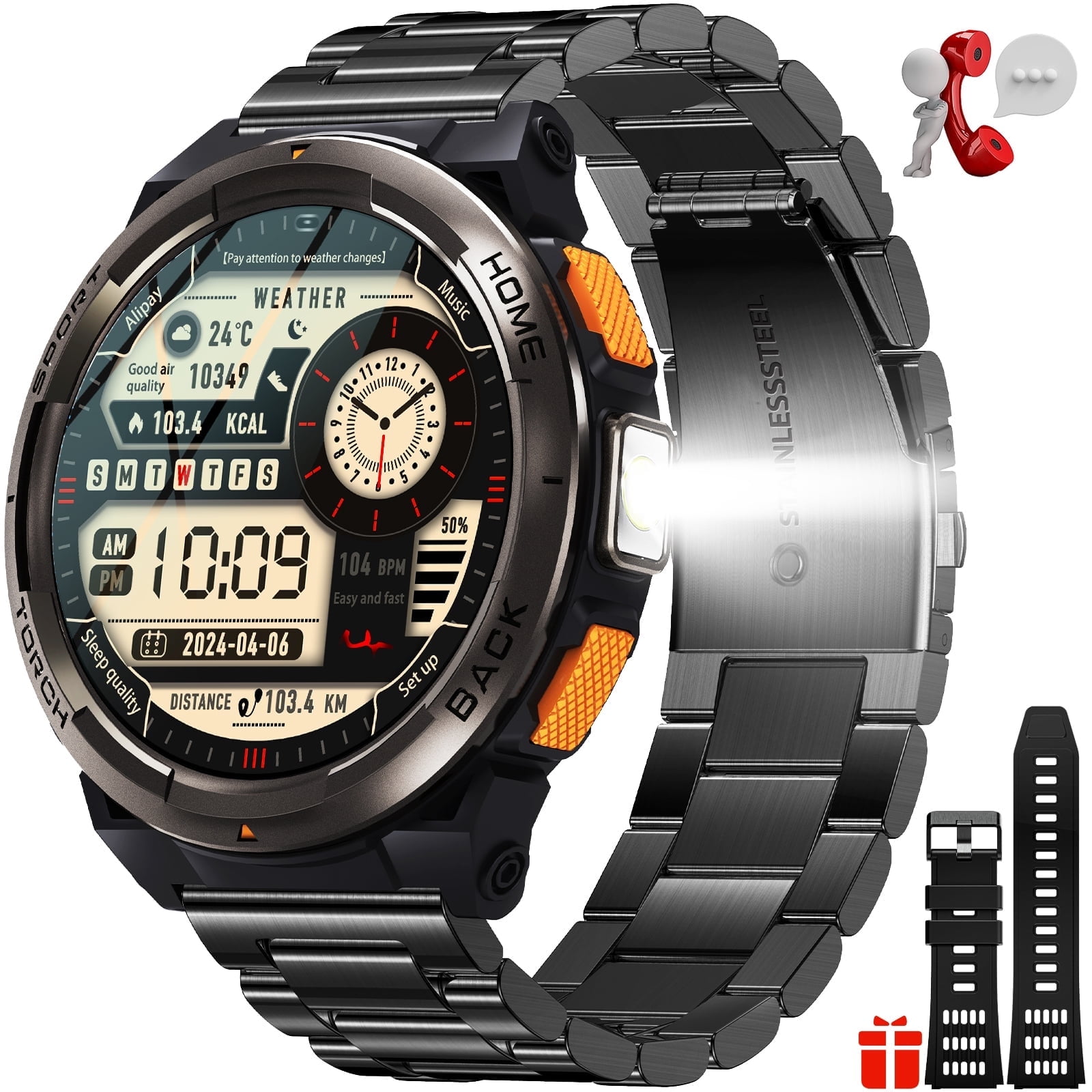 CyberDyer 3ATM Waterproof Military Smart Watches for Men with LED Flashlight 1.45’’ HD Rugged ...