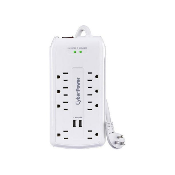 CyberPower 120V 8 Outlets 2-USB 2.4A EMI/RFI 6.0 Feet Cord White ...