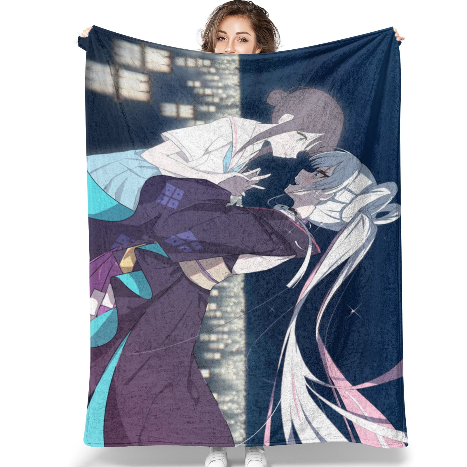 Cyberpunk Anime Duo City Night Scene Flannel Blanket - Stylish Throw ...