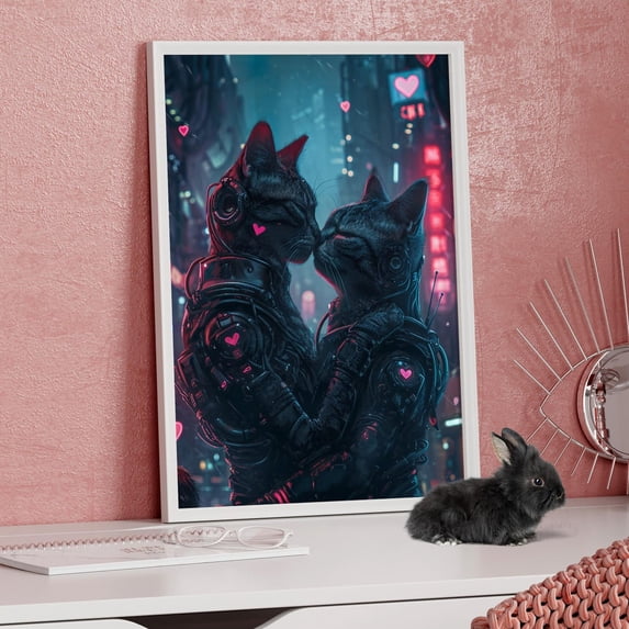 Cyberpunk Cat Couple Wall Art, Futuristic Romantic Decor, Unframed ...