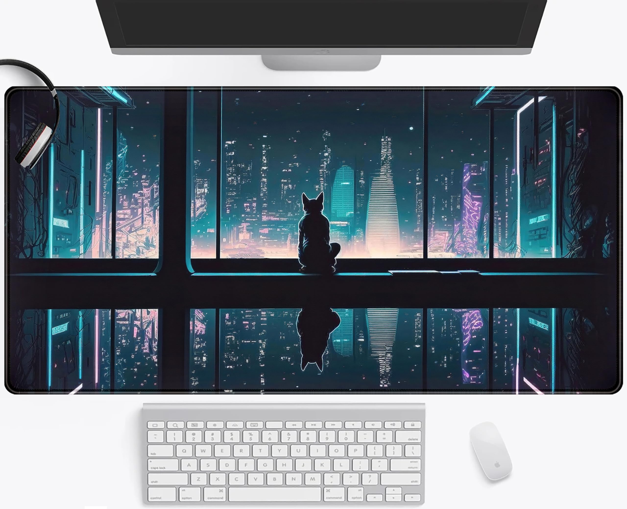 Cyberpunk Cat Desk Mat City Nights Desk Pad, Large Extend Mouse Pad XXL ...