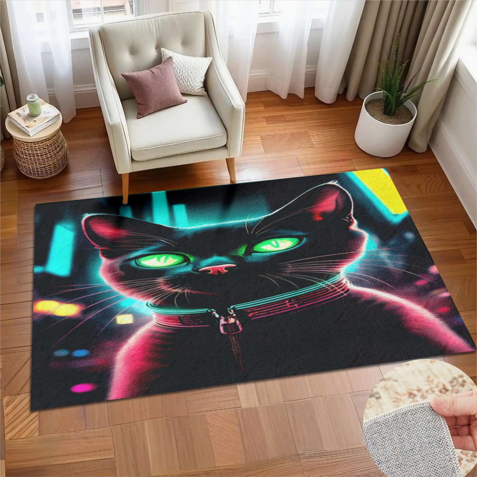 Cyberpunk Cat Glow Soft Large Area Rugs Washable Rug With Non-Slip ...