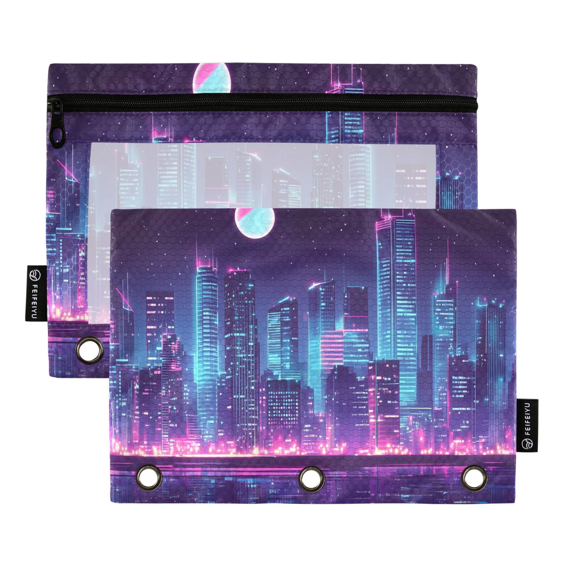 Cyberpunk City at Night 2 Pack Pencil Pouch for 3 Ring Binder Smooth ...