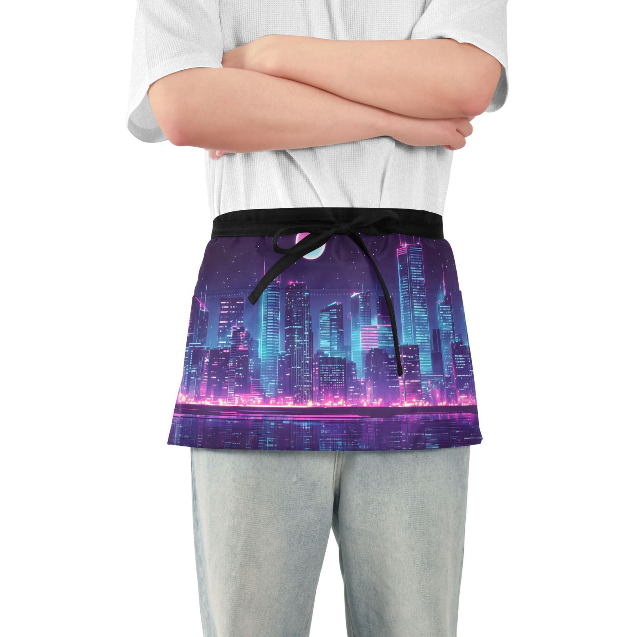Cyberpunk City at Night Server Apron with 3 Pockets Waterproof Waitress ...