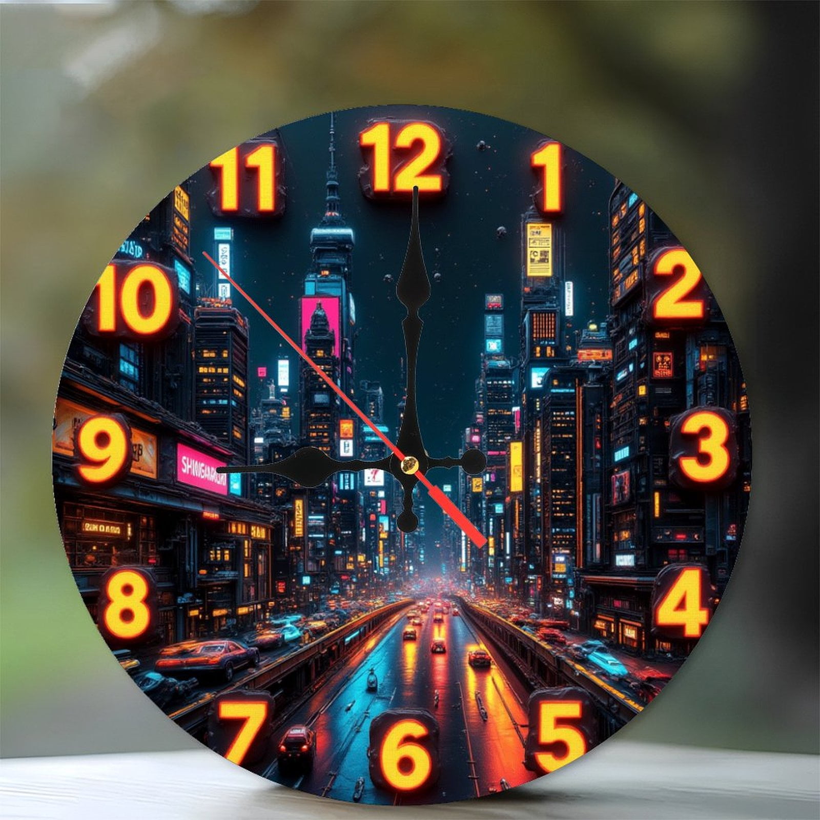 Cyberpunk Cityscape Neon Clock Wall Art 10-Inch Silent Wooden Wall ...