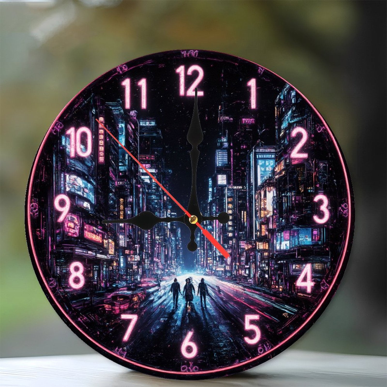 Cyberpunk Cityscape Neon Clock Wall Art 10-Inch Silent Wooden Wall ...
