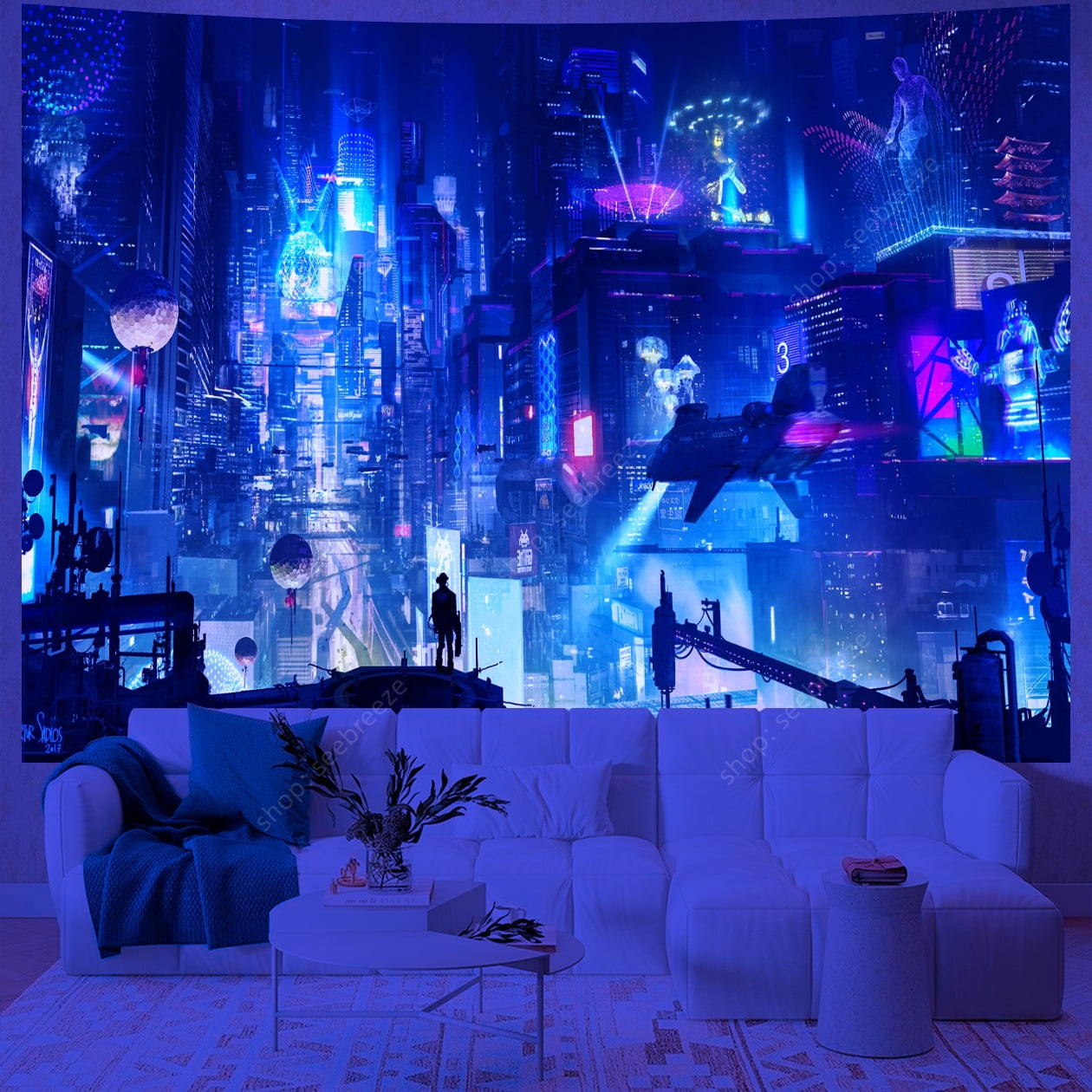 Cyberpunk Cityscape Skyscraper UV Reactive Tapestry for Hippie Boho ...