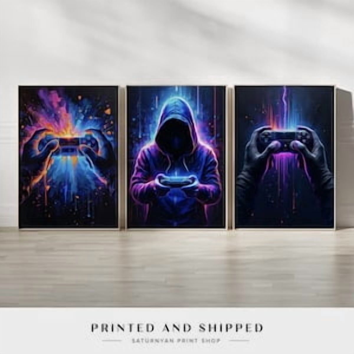Cyberpunk Gamer Art Set of 3, Vibrant Gaming Wall Art Triptych, Neon ...