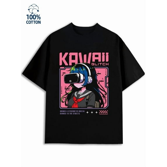 Cyberpunk Kawaii for men funny humor 180G 100% Cotton black y2k work ...
