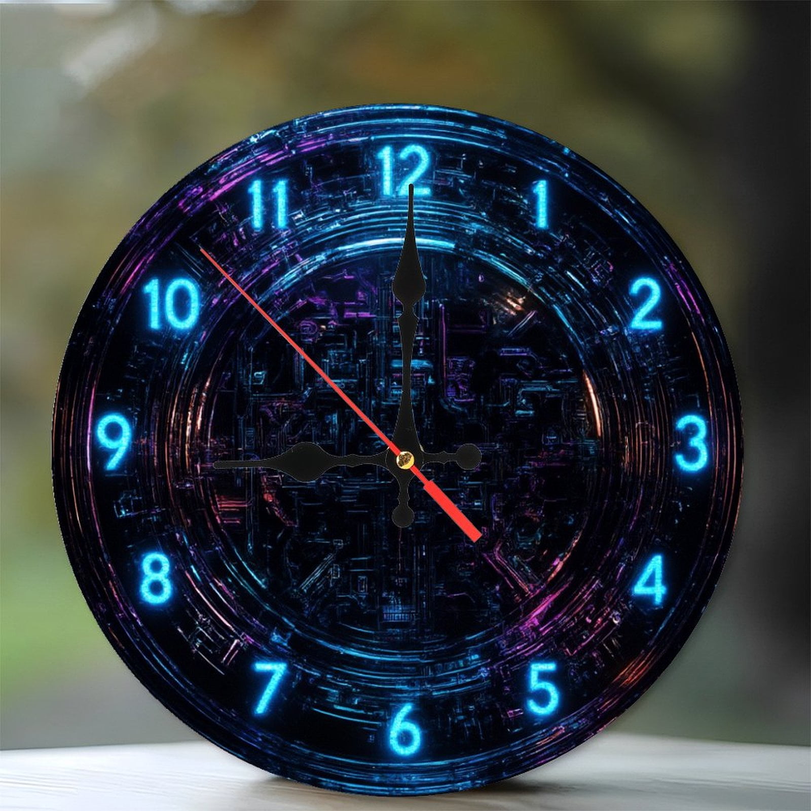 Cyberpunk Neon Clock Wall Art Decor Home Office 10-Inch Silent Wooden ...