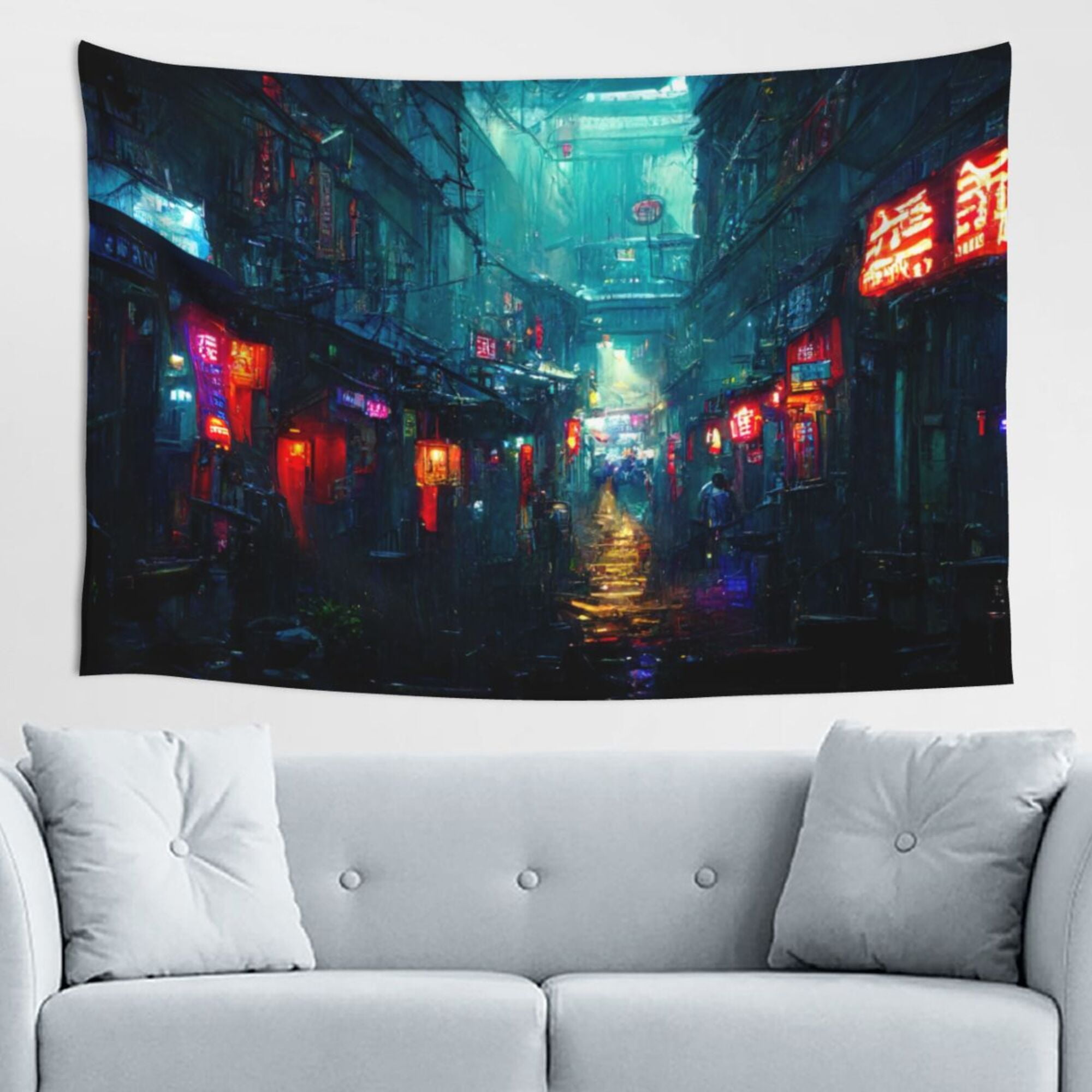 Cyberpunk Rain City Tapestry, Night Japan Wall Hanging Tapestries Dorm ...