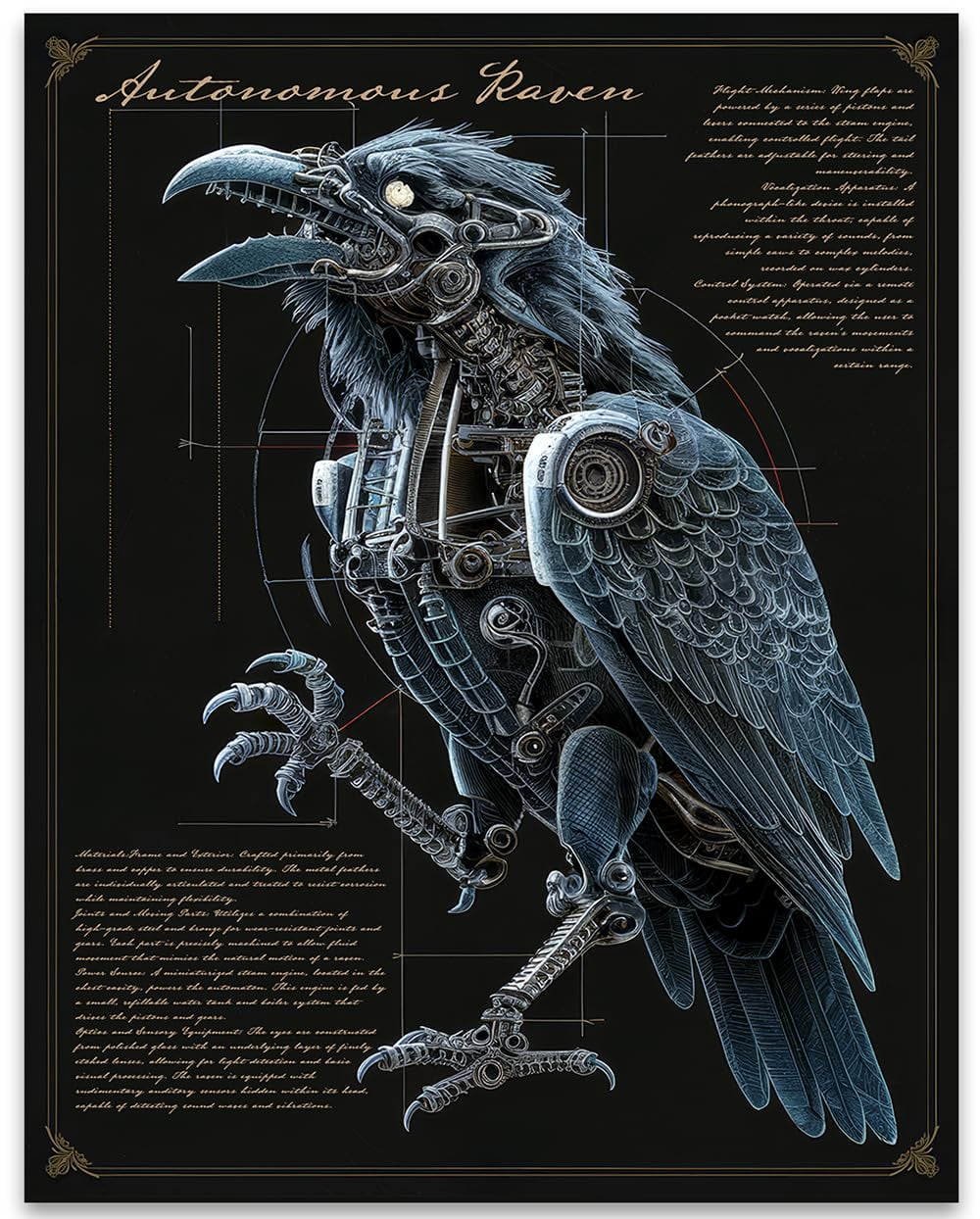 Cyberpunk Raven Blueprint Print 28x36, Steampunk Sci-Fi Wall Art ...