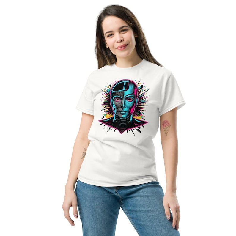 Cyberpunk Robot Portrait Graphic Tee Featuring Neon Futuristic Female ...