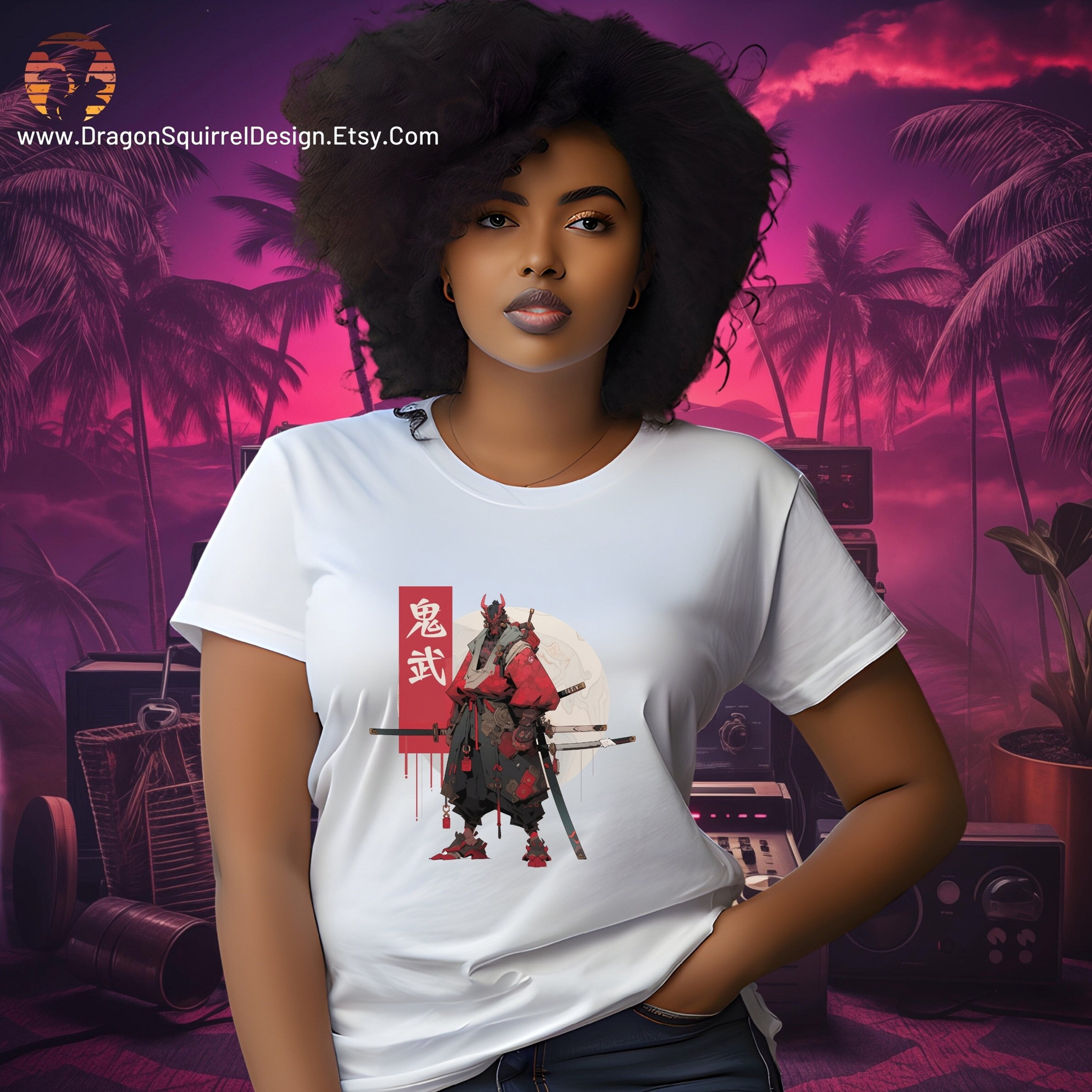 Cyberpunk Samurai Oni Demon Urban Warrior Synthwave Aesthetic T-Shirt ...