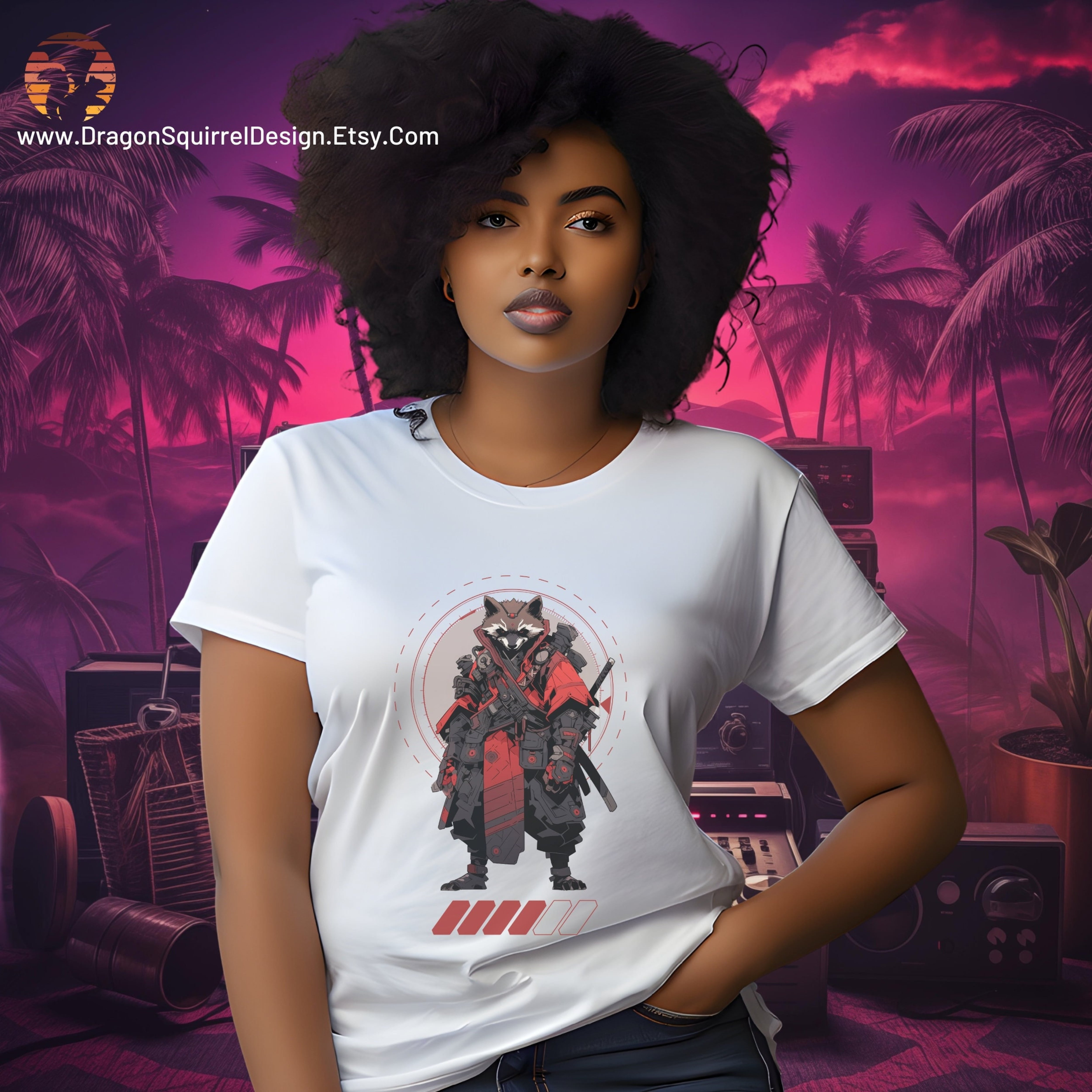 Cyberpunk Samurai Racoon Urban Warrior Synthwave Aesthetic T-Shirt ...