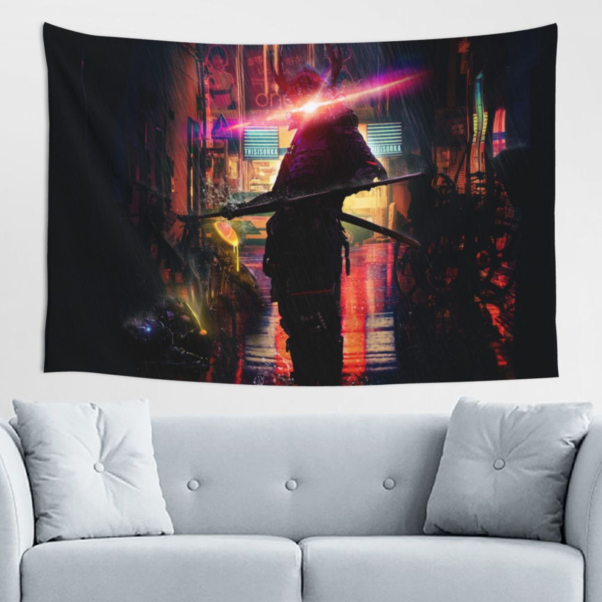 Cyberpunk Samurai Tapestry, Japanese Warrior Wall Hanging Tapestries ...
