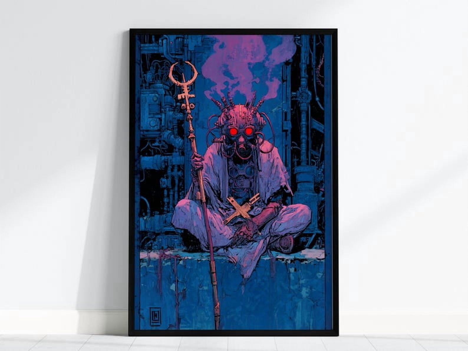 Cyberpunk Shaman Poster Futuristic Priest Neon Blue Purple Sci Fi Wall ...