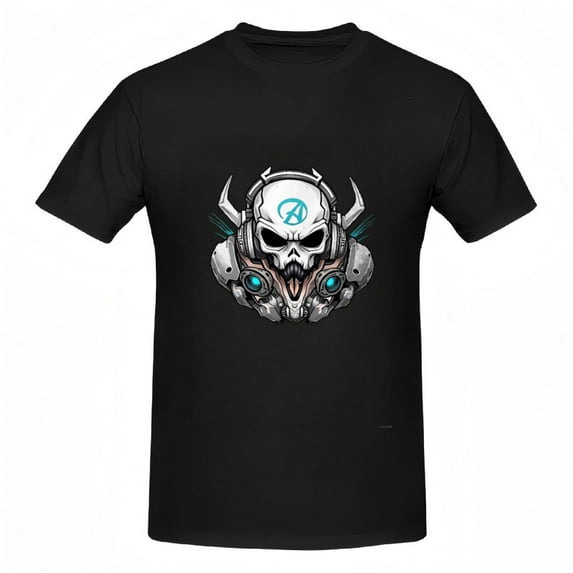 Cyberpunk Skull Graphic Tee - Black Cotton Short Sleeve T-Shirt with ...