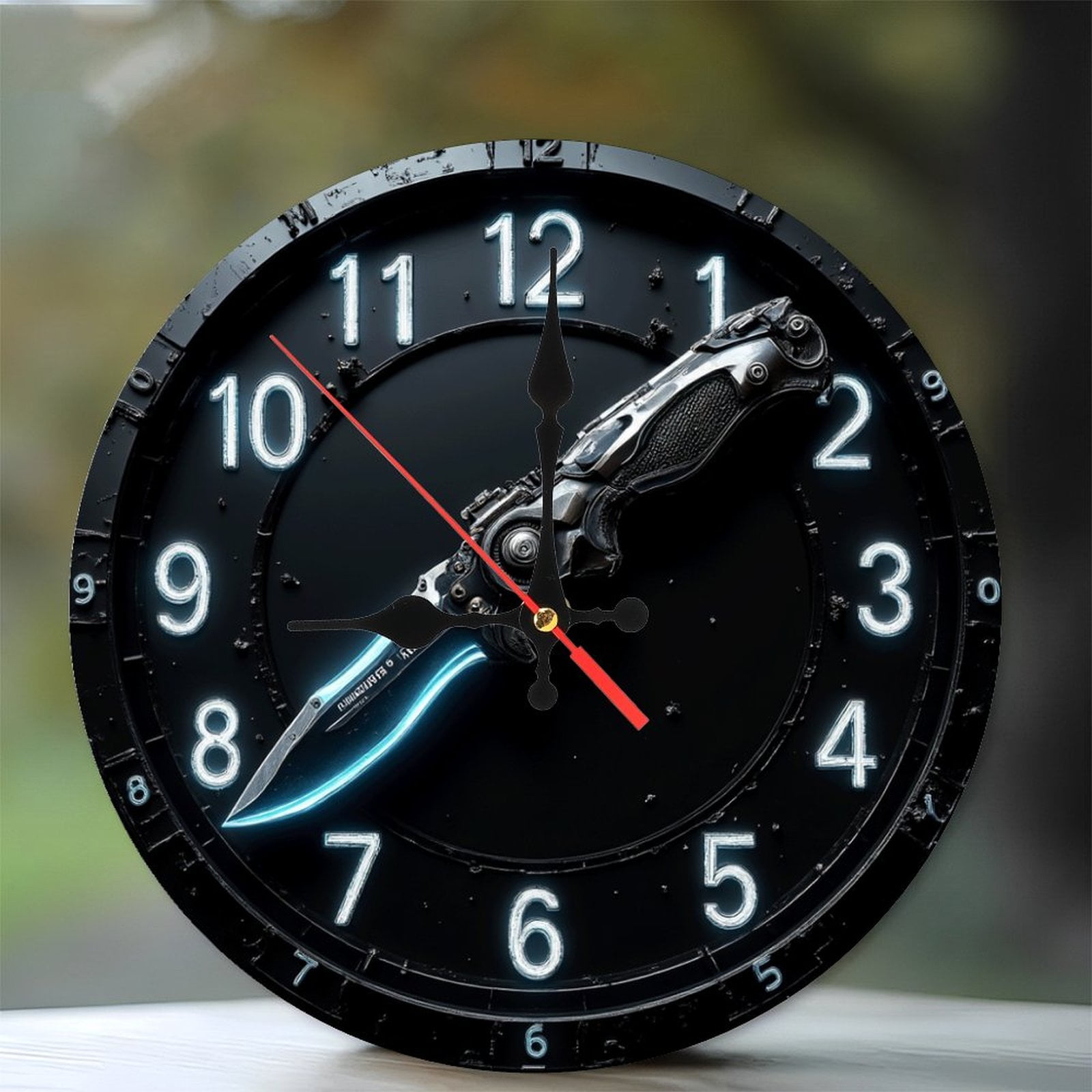 Cyberpunk Style Clock Tactical Cutlery Wall Art 10-Inch Silent Wooden ...