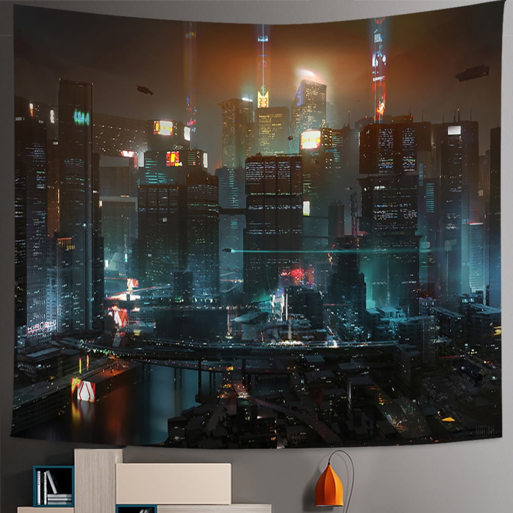 Cyberpunk Tapestry Psychedelic Fantasy Future City Cyberspace Hanging ...