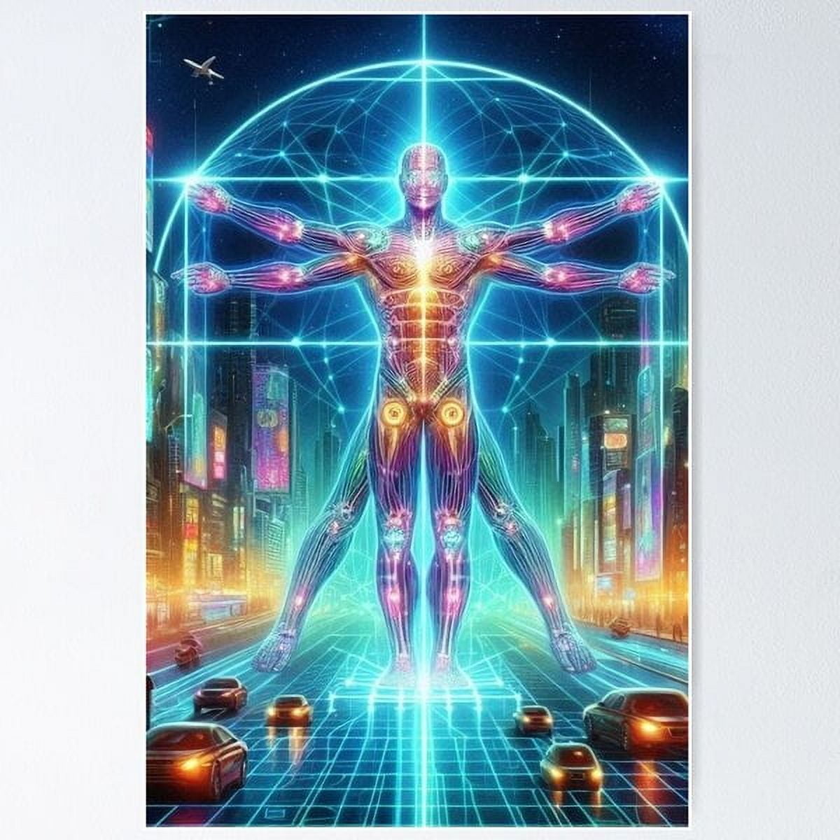Cyberpunk Vitruvian Man – Neon Renaissance Art Poster Wall Art, Modern ...