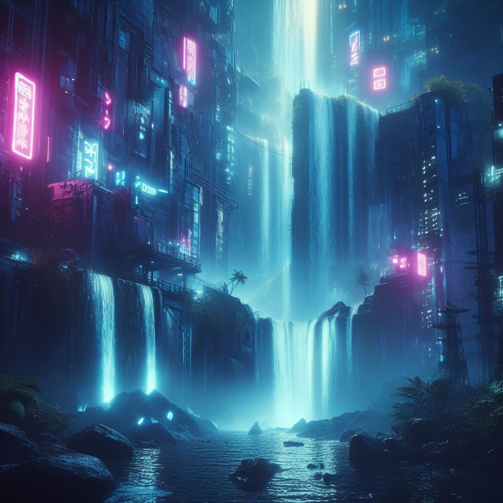 Cyberpunk Waterfall Digital Matte Painting - 12" x 18" Art Print Wall ...