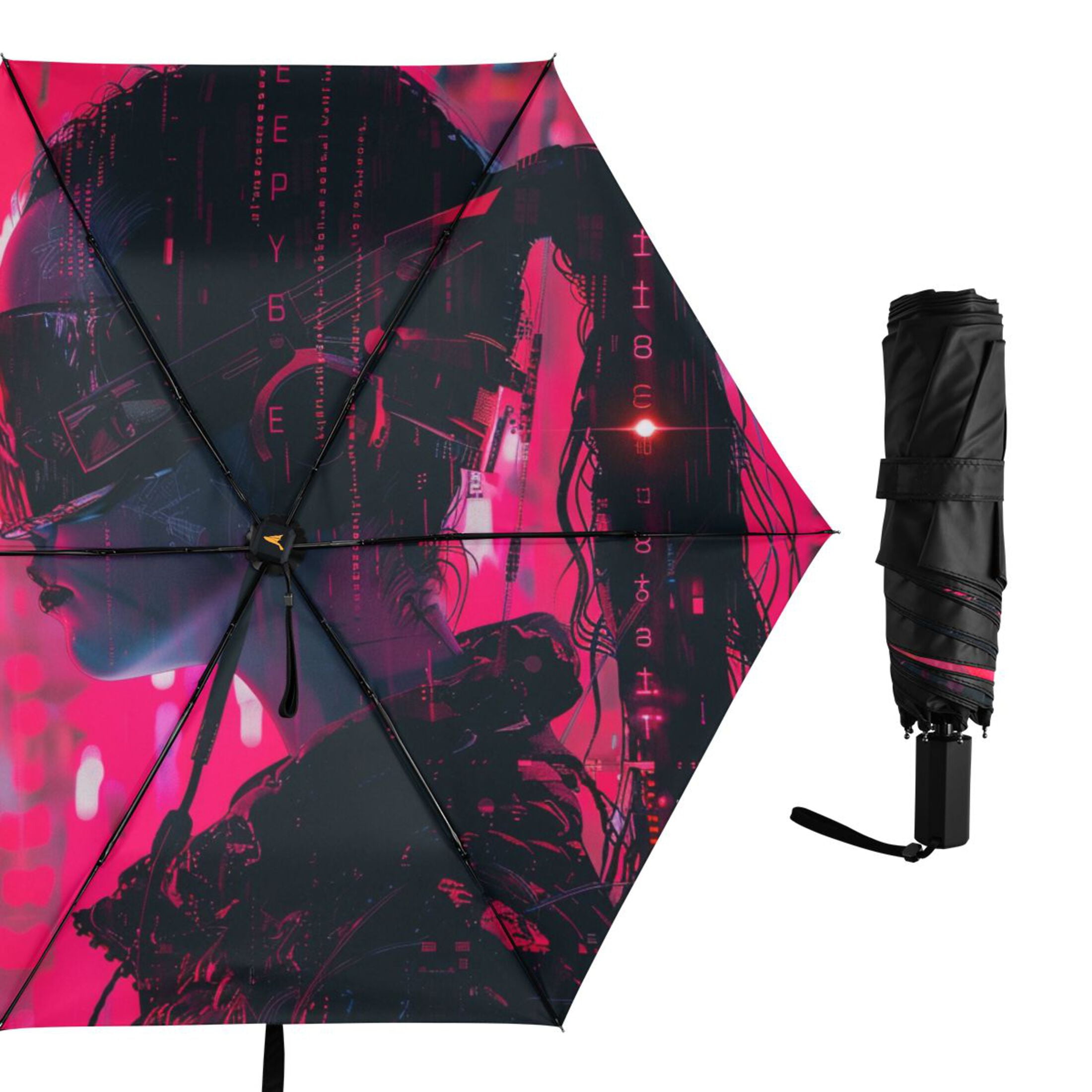 Cyberpunk Woman with Sunglasses Profile Triple Folding Umbrella Parasol ...