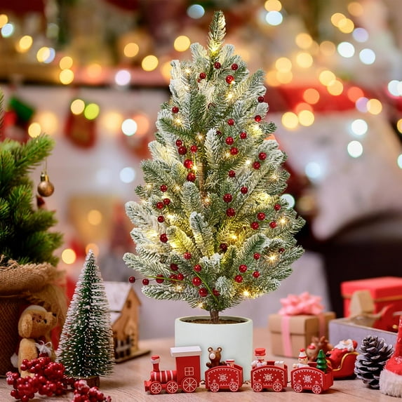 24 Inch Pre-lit Table Top Christmas Tree with Lights, Artificial Small ...