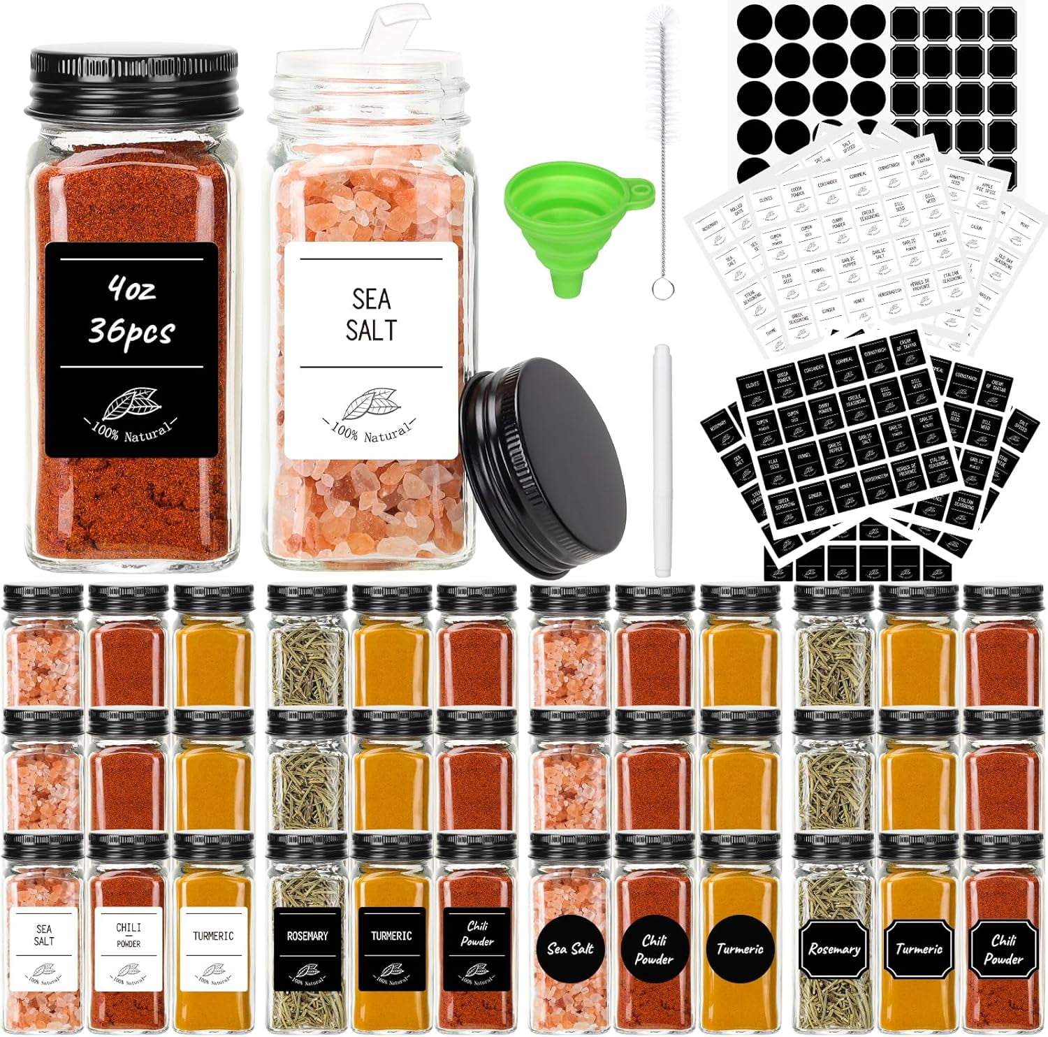 CycleMore 36 Pack 4oz Glass Spice Jars, Square Spice Containers with ...