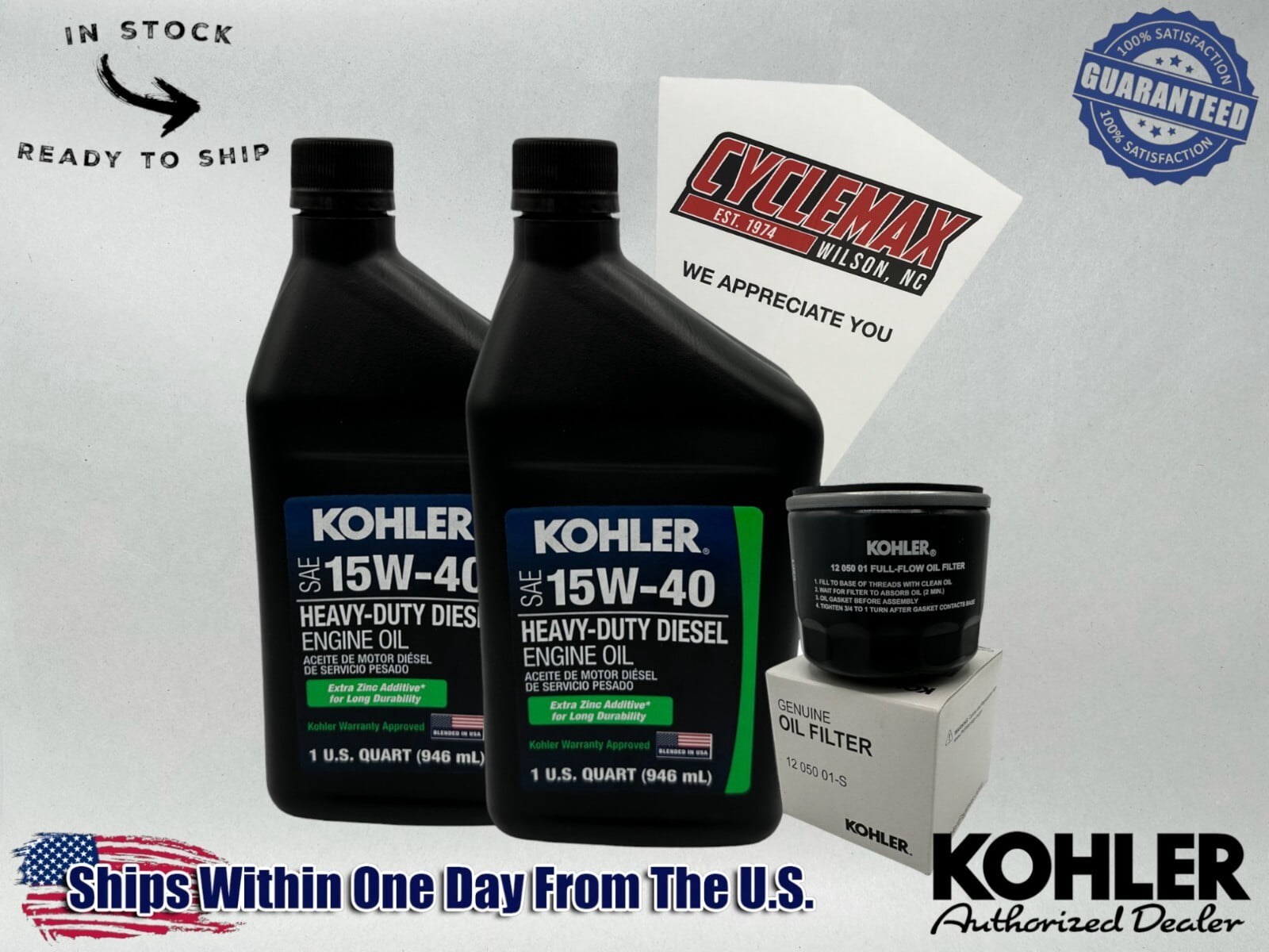 Cyclemax 15W-40 Heavy Duty Diesel Oil Change Kit fits Kohler Lawnmower ...