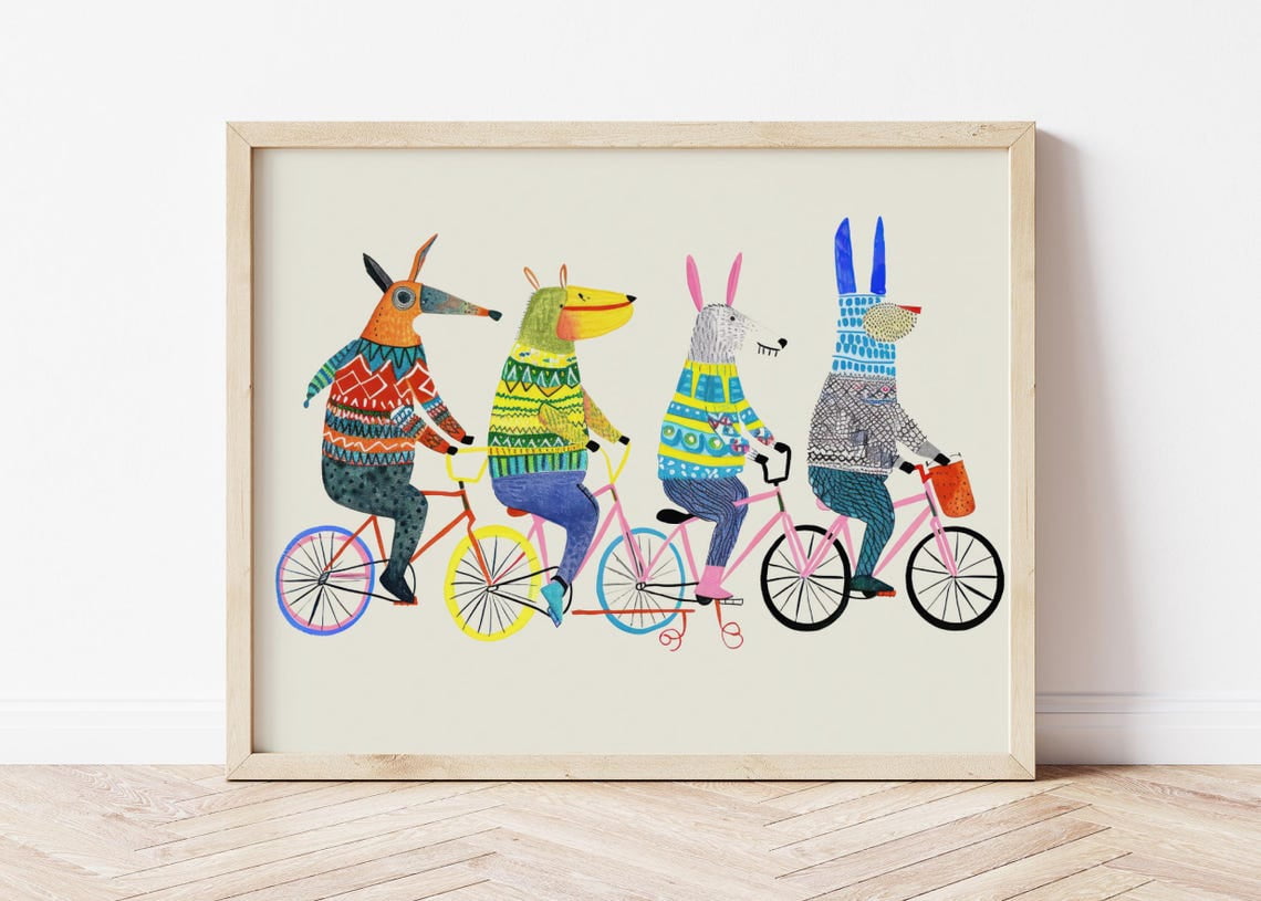 Cycling Animals Art Poster: Colorful Nursery Bicycle Decor, Unframed Canvas Size 24x36 - Walmart.com