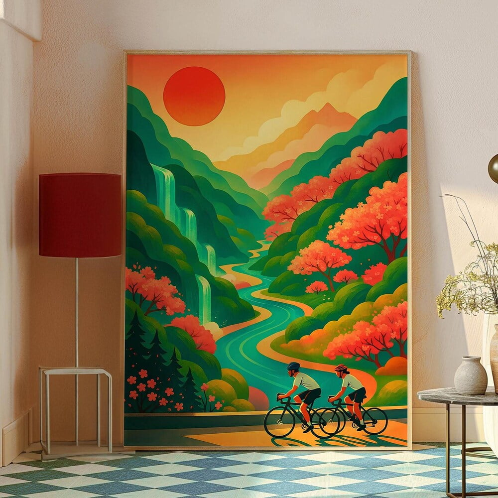 Cycling Couple Art Print - Scenic Road Bike Wall Art - Cycling Adventure Poster - Mountain ...