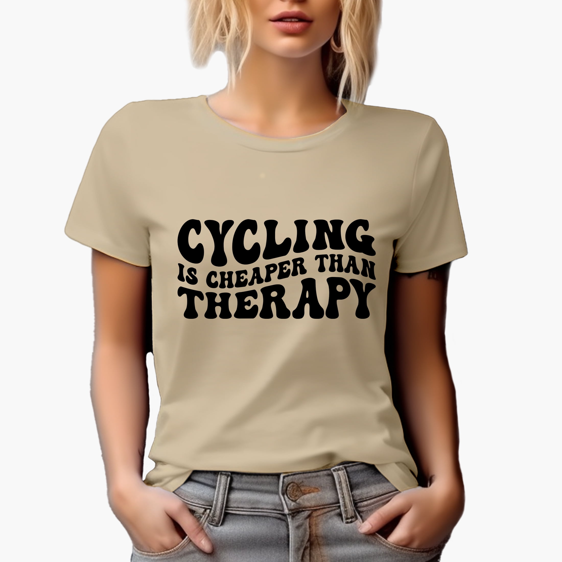 Cycling Is Cheaper Than Therapy, Groovy Retro Wavy Text Merch Gift, Tan ...