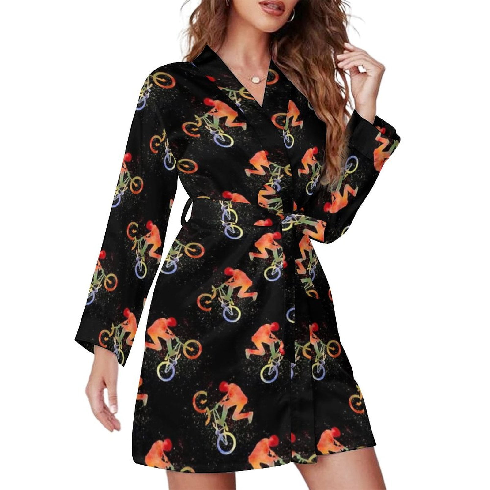 Cycling Watercolor On Black Night Robe Long Sleeve V Neck Robe With ...