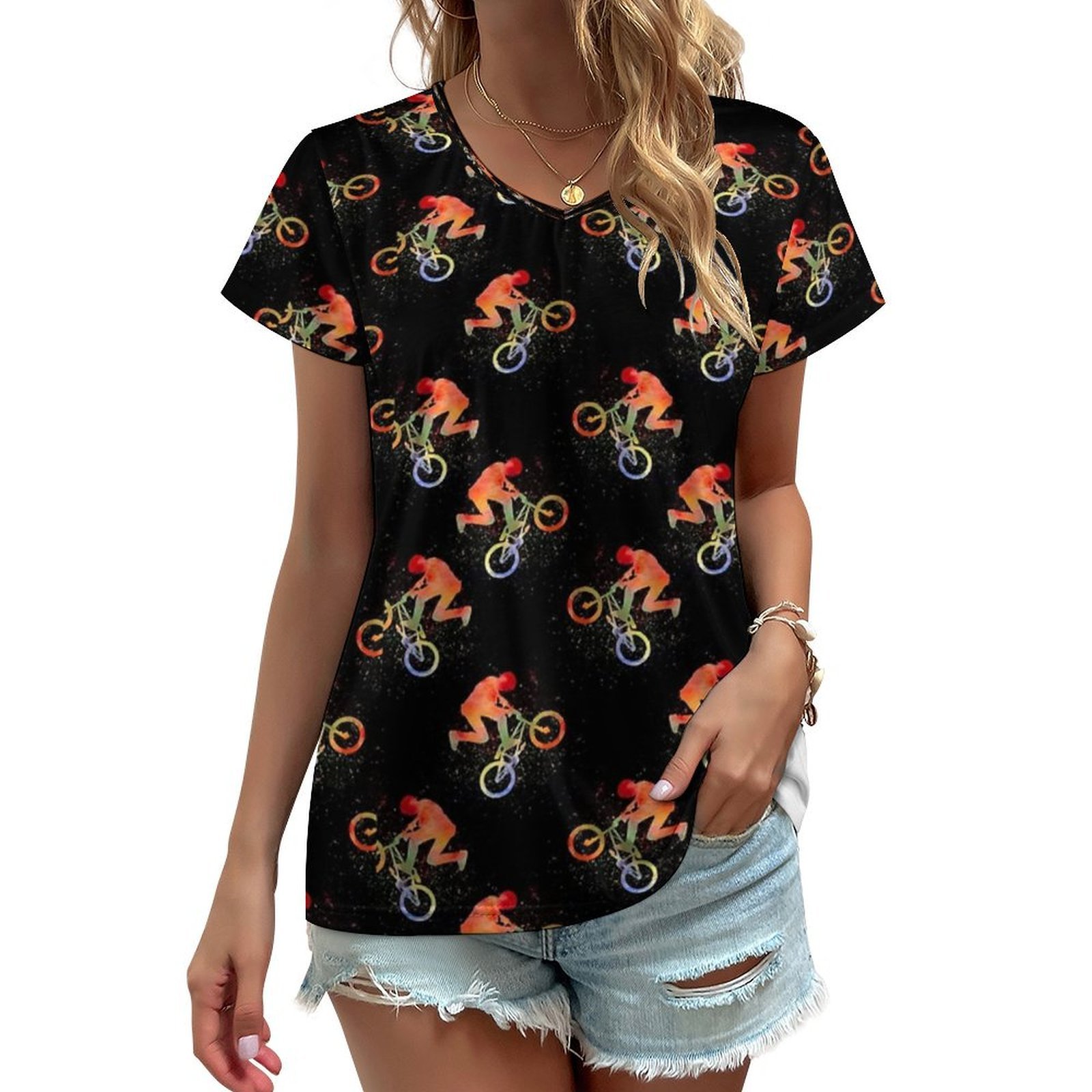 Cycling Watercolor On Black Women's Blouse Short Sleeve Women's Top T ...