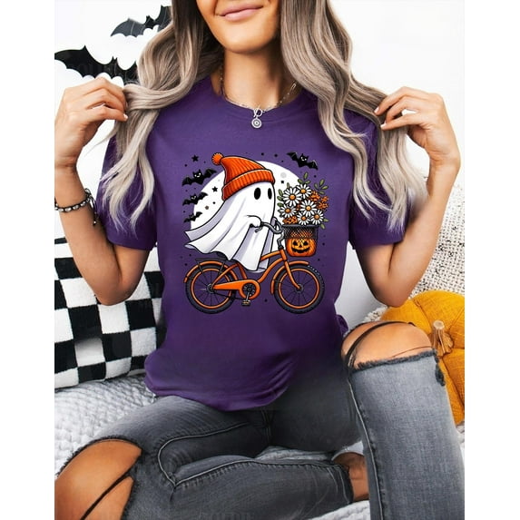 Cyclist Halloween Shirt Spooky Ghost, Floral Boo Shirt, Ghost Riding Bike T-Shirt, Hallowe ...