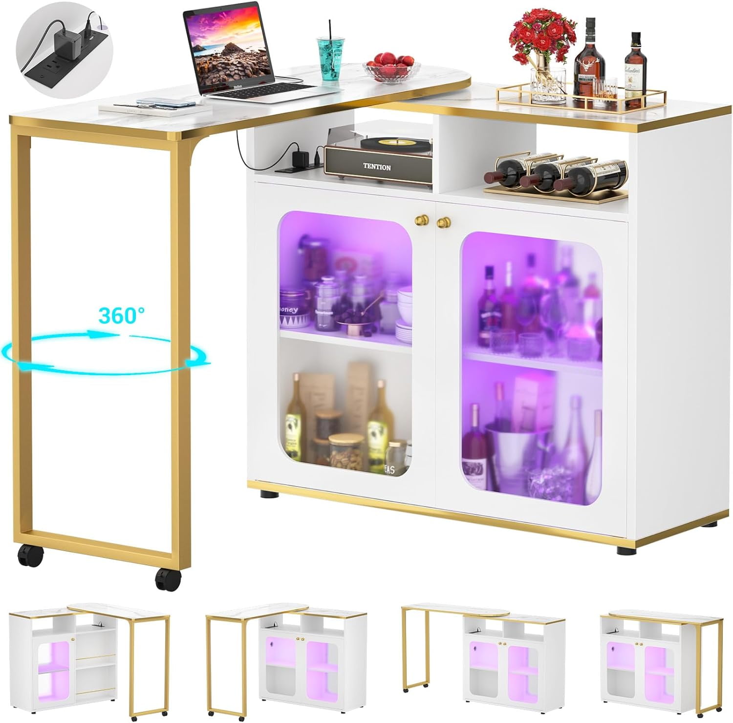 Cyclysio 360° Rotating Bar Cabinet, 59" Home Bar with LED Light ...