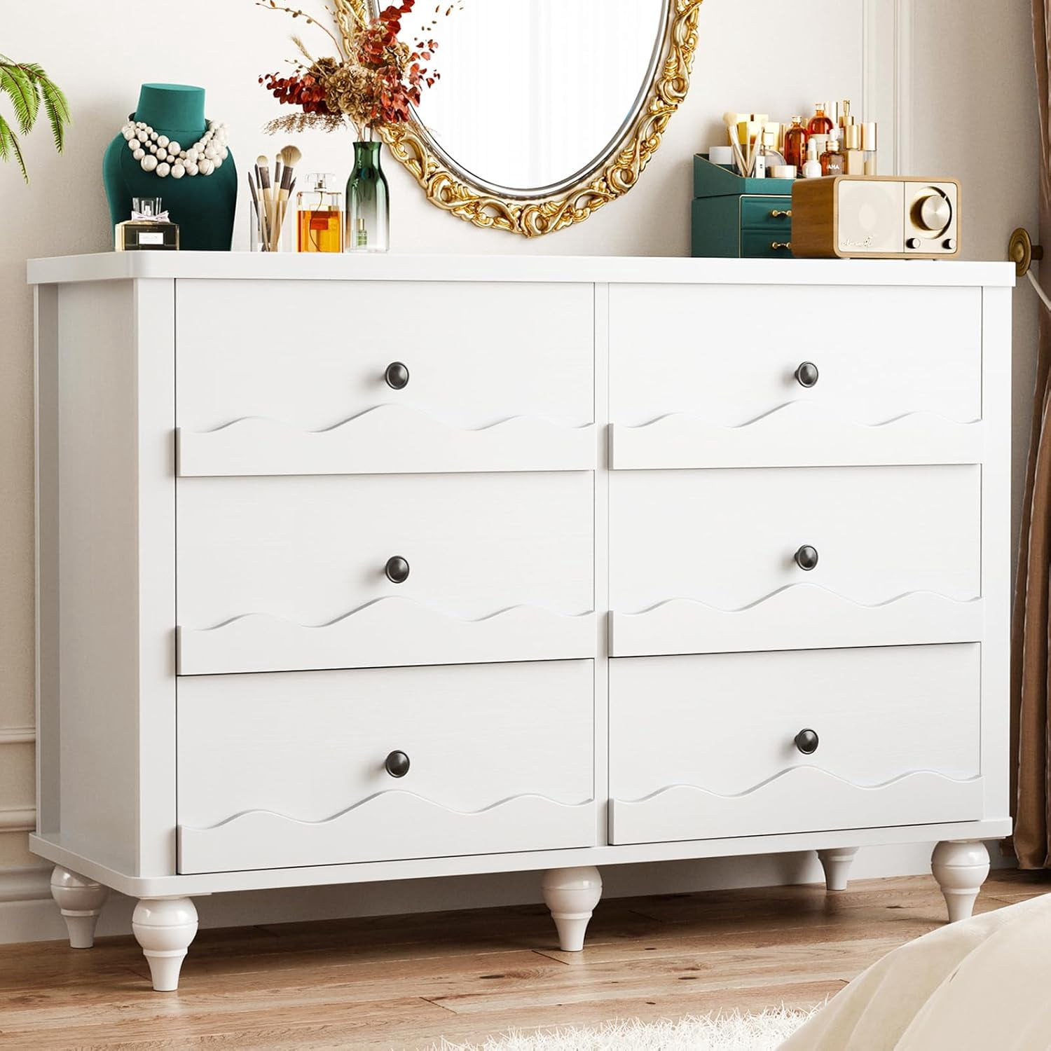 Cyclysio 6 Drawer Dresser for Bedroom, 43" White Dresser with 6 Storage ...