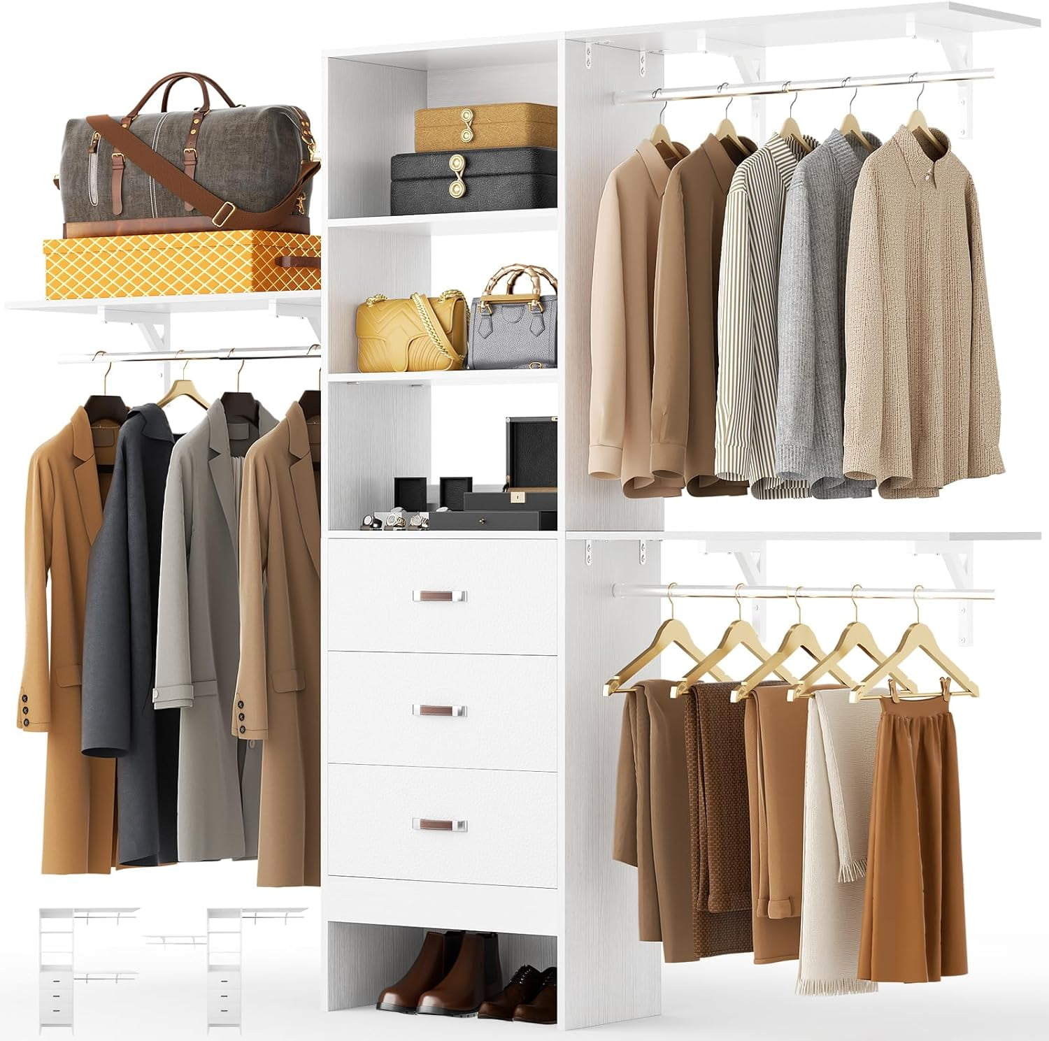 Cyclysio Closet System, 8FT Closet Organizer System with 3 Wooden ...