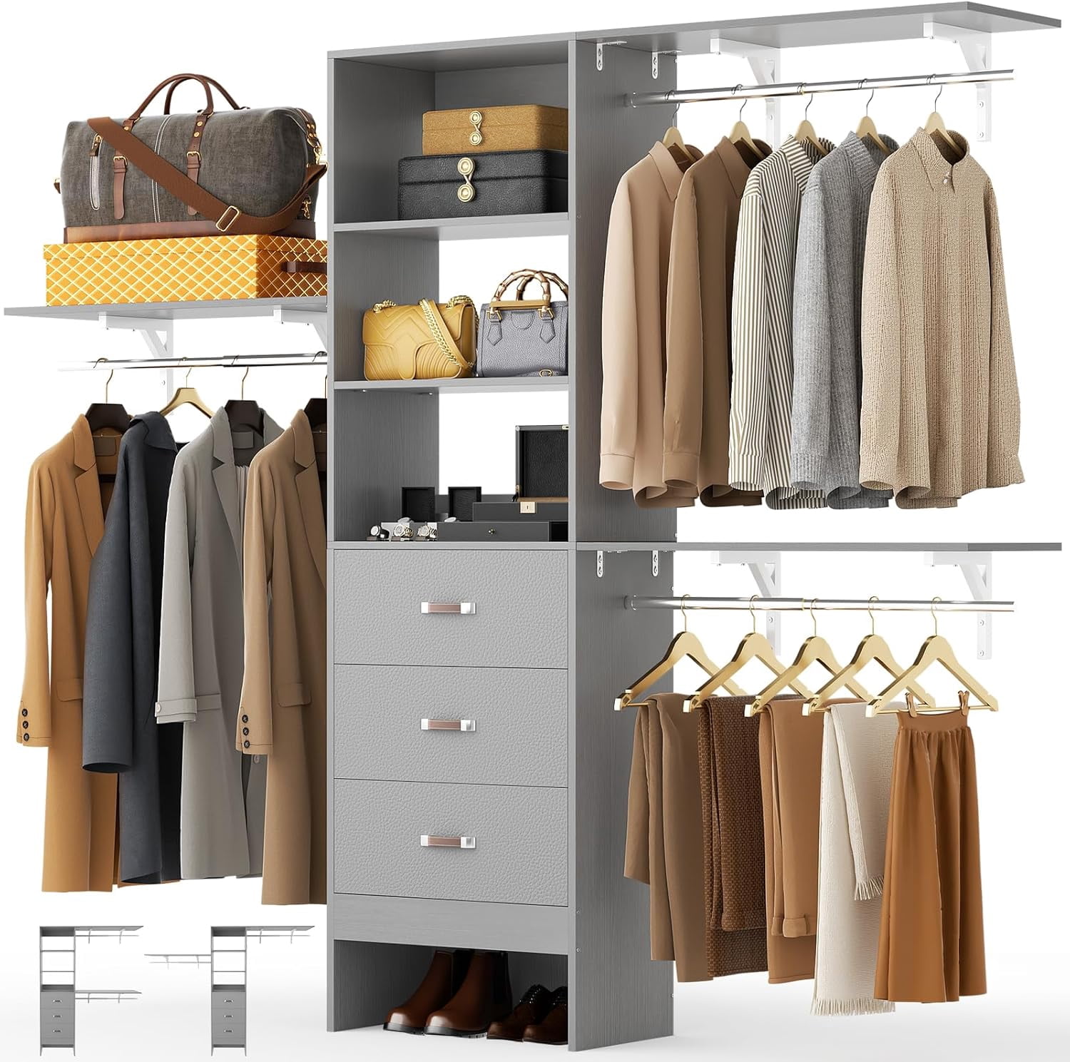 Cyclysio Closet System, 8FT Closet Organizer System with 3 Wooden ...