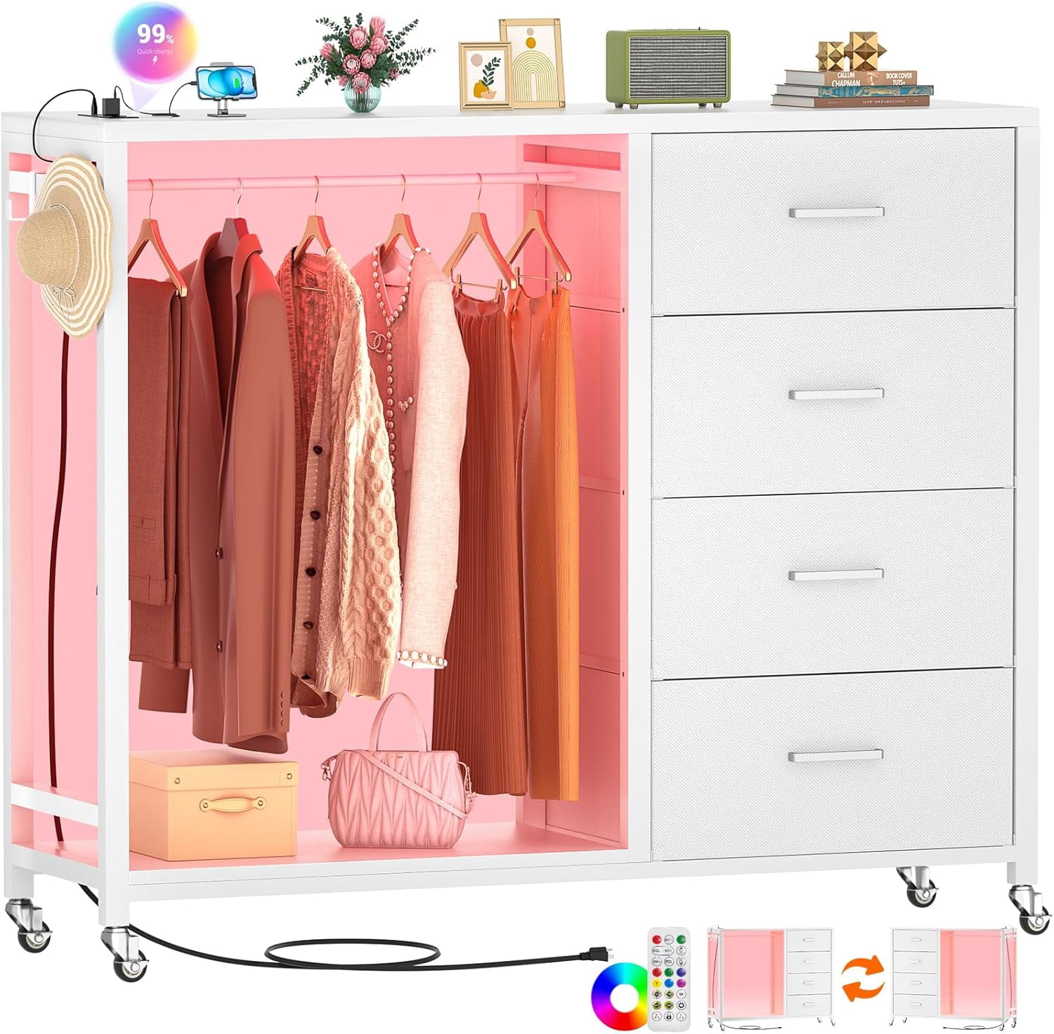 Cyclysio Dresser for Bedroom with Clothes Rack, 4 Drawers Dresser with ...
