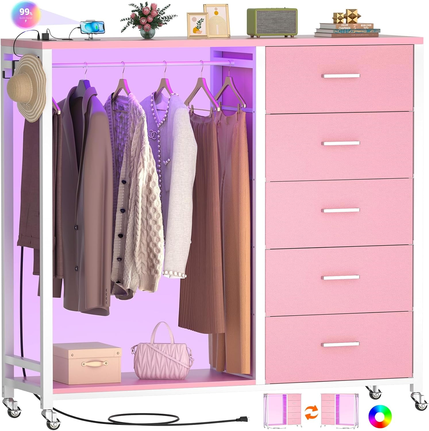 Cyclysio Dresser for Bedroom with Clothes Rack, 5 Drawers Dresser with ...