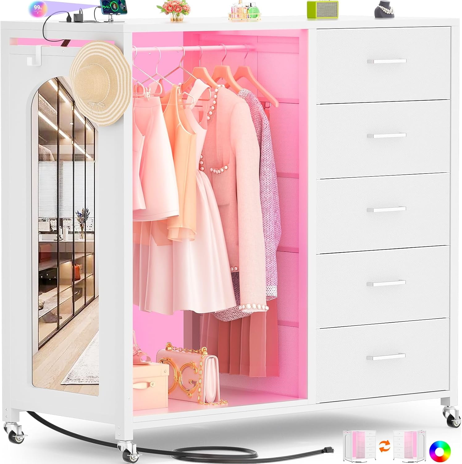 Cyclysio Dresser for Bedroom with Clothes Rack & Mirror, White 5 ...