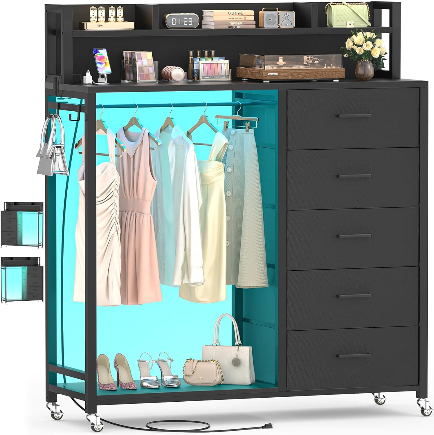 Cyclysio Dresser for Bedroom with Clothes Rack & Shelves, 5 Fabric ...