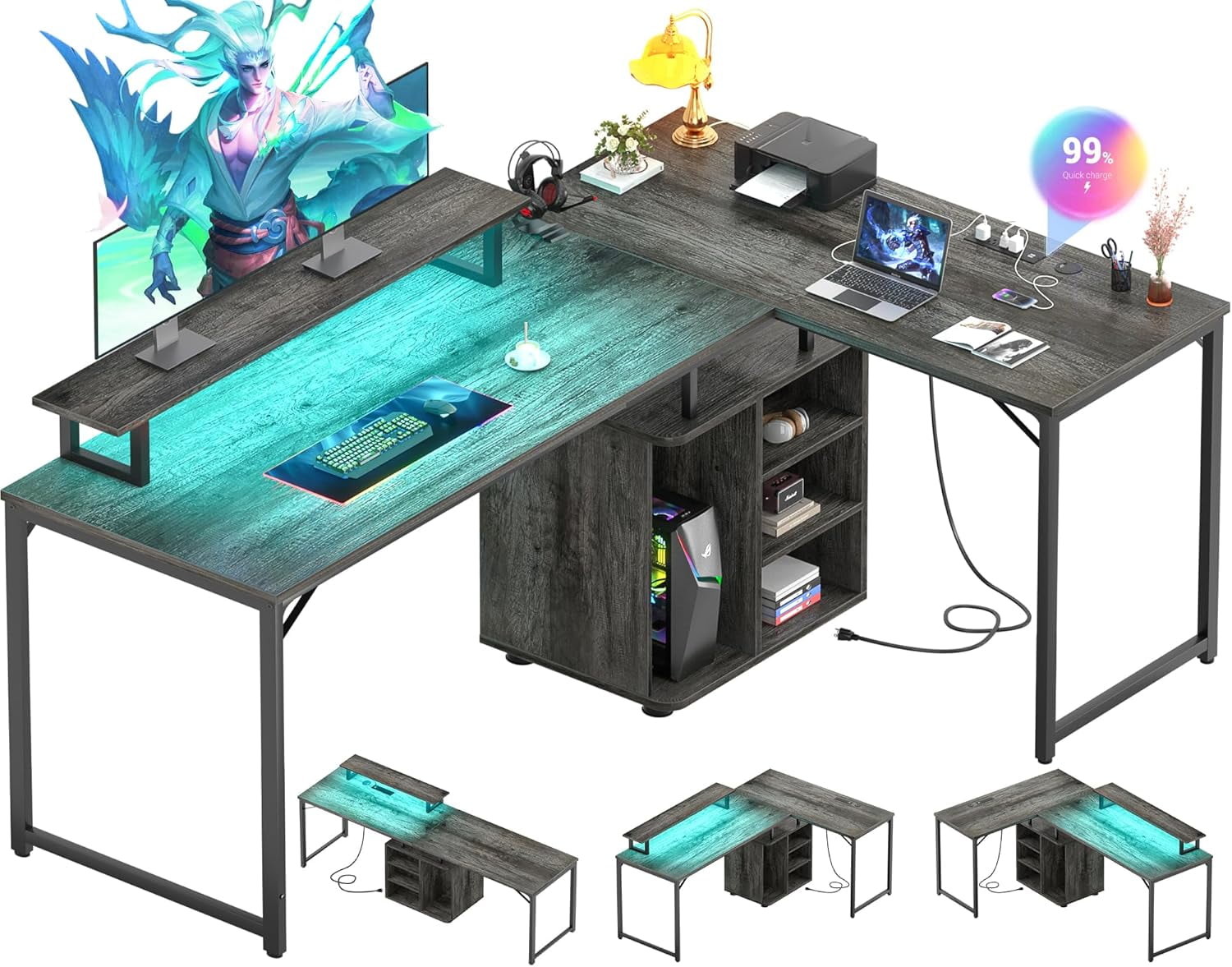 Cyclysio L Shaped Gaming Desk with Wood Cabinet, 58" Large Corner Desk ...