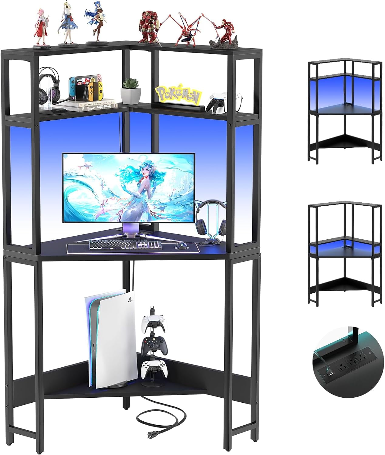Cyclysio Mini Corner Desk with Hutch, Corner Gaming Desk with LED Light ...